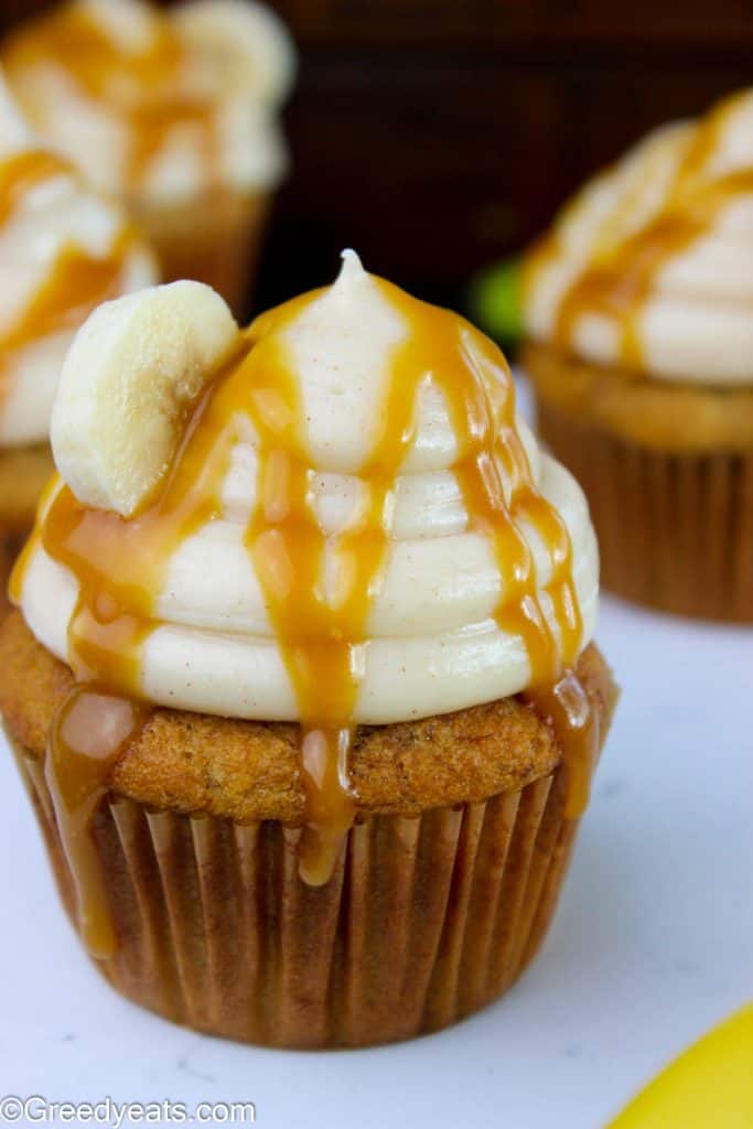 Banana Cupcakes with Cream Cheese Frosting and caramel drizzle