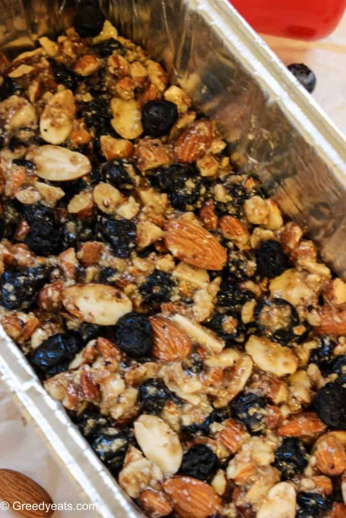 Chewy almond bars with blueberries vanilla and wholesome ingredients