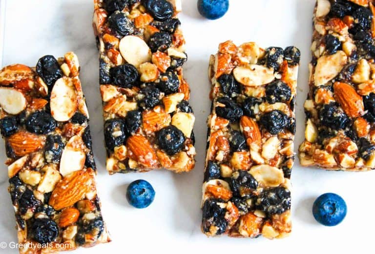 Chewy almond bars with blueberries vanilla and wholesome ingredients