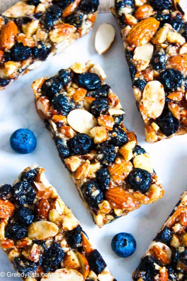Chewy almond bars with blueberries vanilla and wholesome ingredients