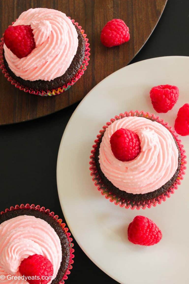 Vegan chocolate cupcake recipe with raspberry frosting