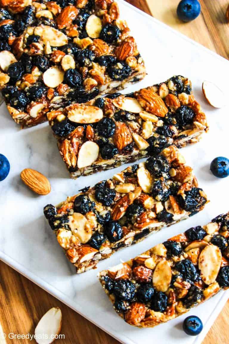Chewy almond bars with blueberries vanilla and wholesome ingredients