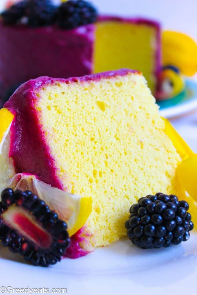 Lemon Chiffon Cake Recipe With Blackberry Glaze Greedy Eats